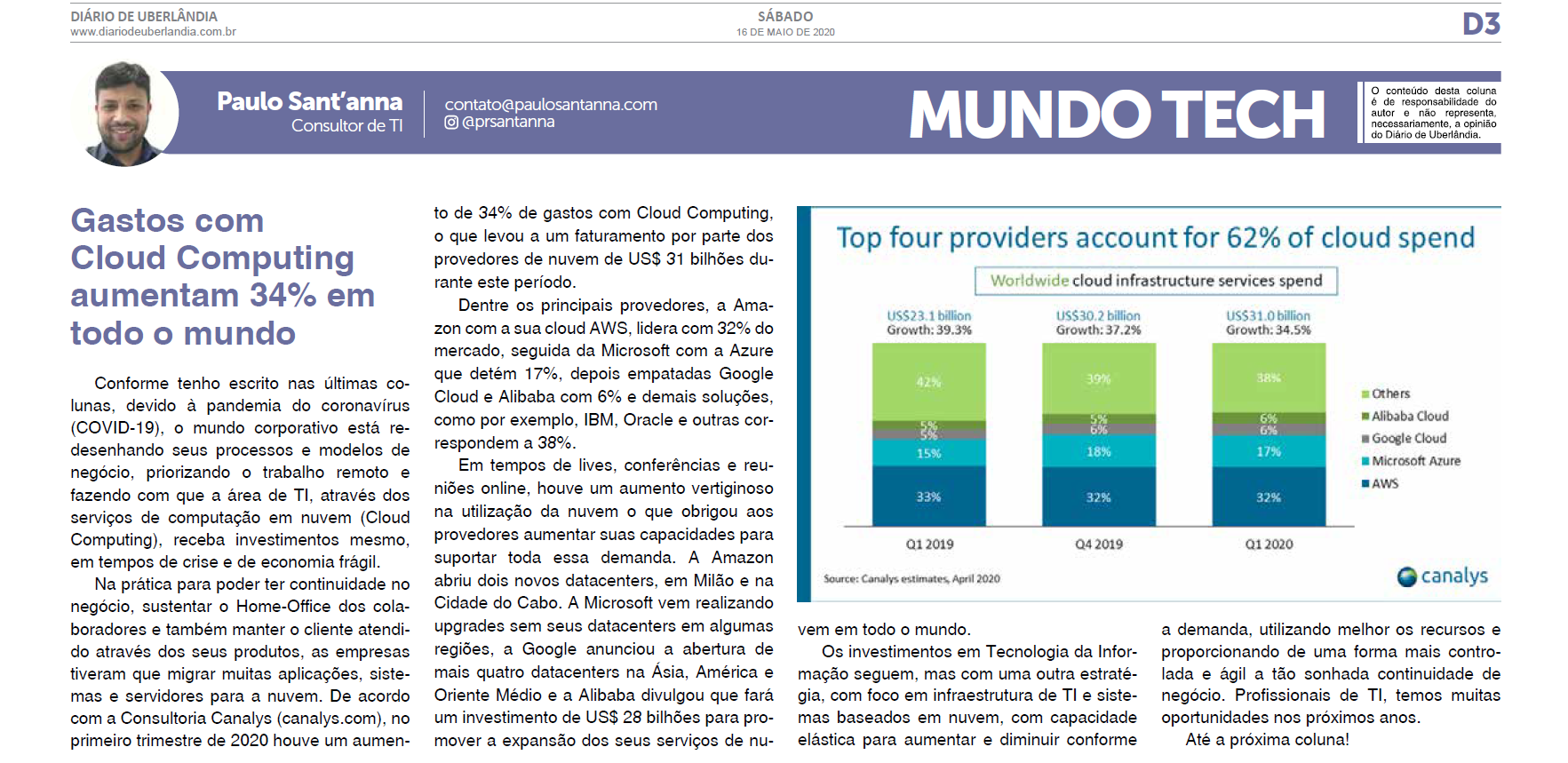 Diário de Uberlândia – Coluna Mundo Tech – Gastos com Cloud Computing aumentam 34% em todo o ...